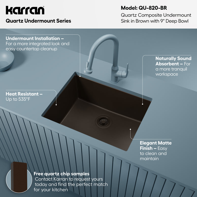 Karran 24" Undermount Quartz Composite Kitchen Sink, Brown, QU-820-BR