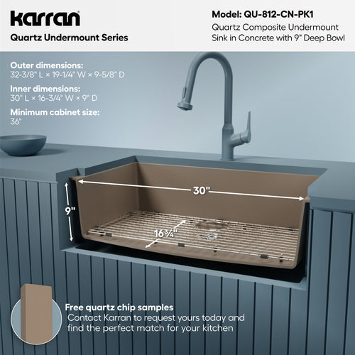 Karran 32" Undermount Quartz Composite Kitchen Sink with Accessories,