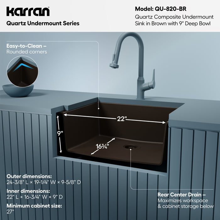 Karran 24" Undermount Quartz Composite Kitchen Sink, Brown, QU-820-BR