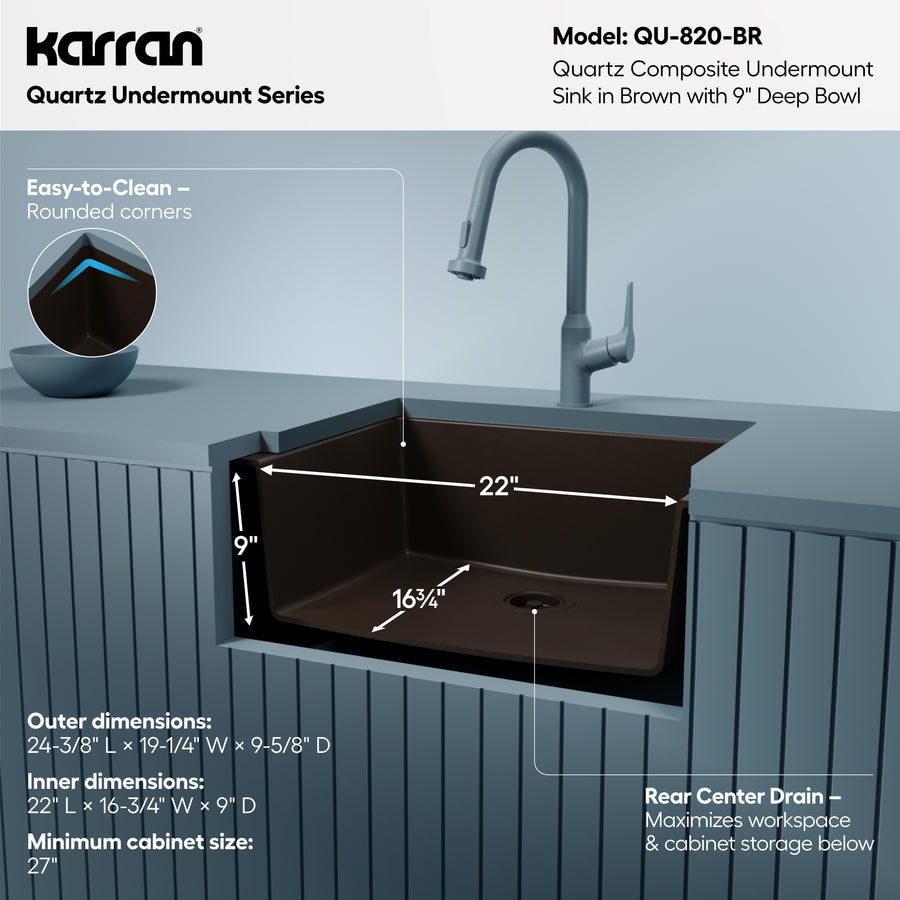 Karran 24" Undermount Quartz Composite Kitchen Sink, Brown, QU-820-BR