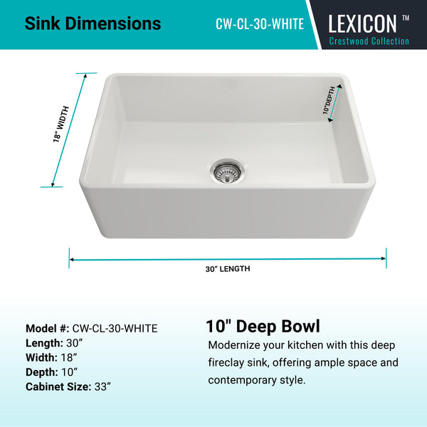 Crestwood CW-CL-30-WHITE 30" White Fireclay Farmhouse Sink