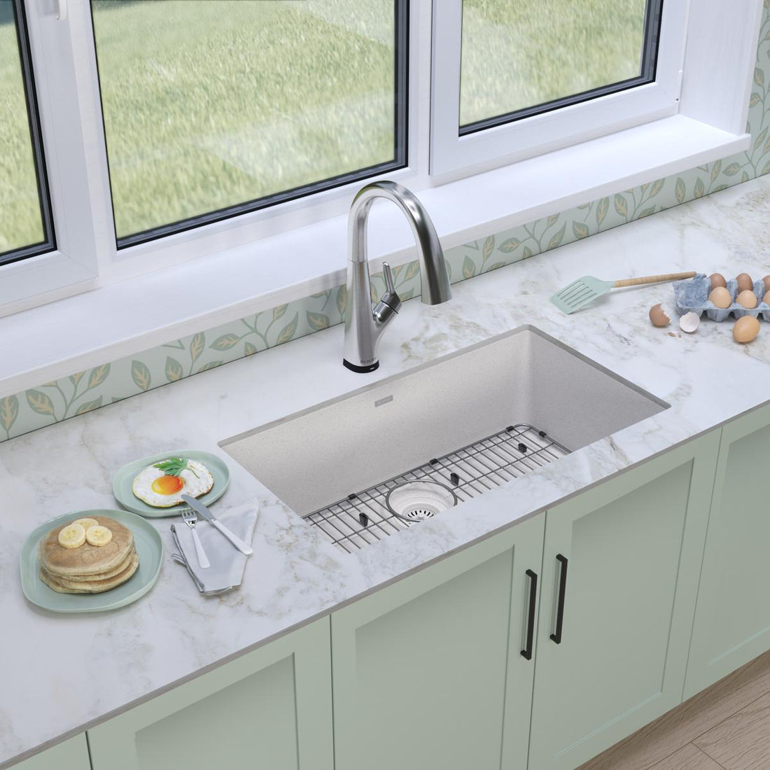 Elkay Quartz Classic 33" Undermount Quartz Kitchen Sink Kit with Fauce