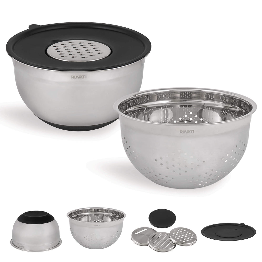 Ruvati 5 quart mixing bowl and colander set with grater attachments (6