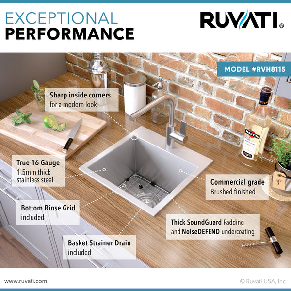 Ruvati Tirana 15" Square Stainless Steel Bar/Prep Sink, 16 Gauge, RVH8