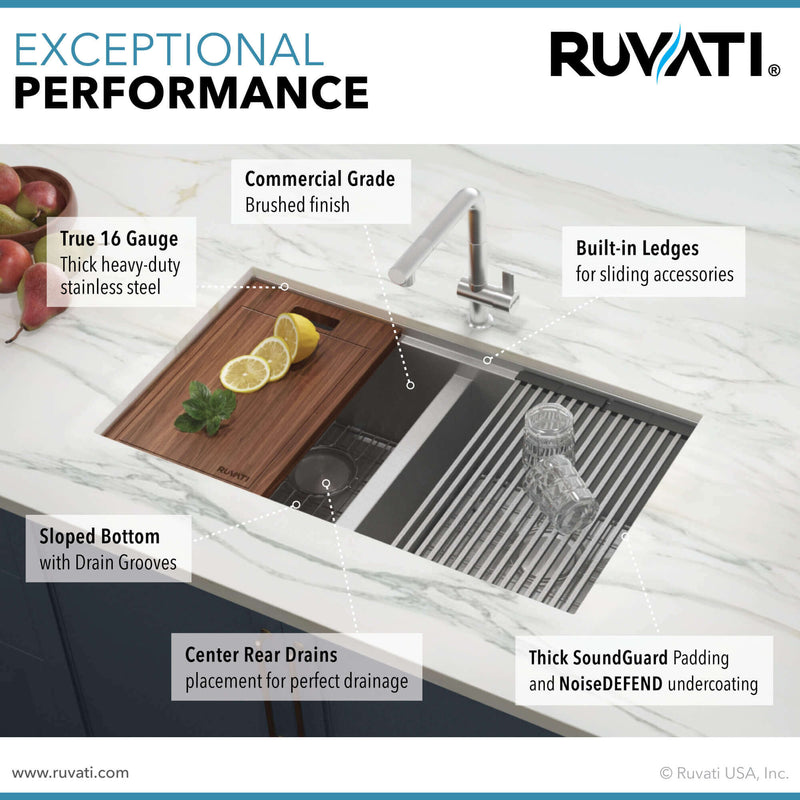 Ruvati Roma 33" Undermount Stainless Steel Workstation Kitchen Sink, 5