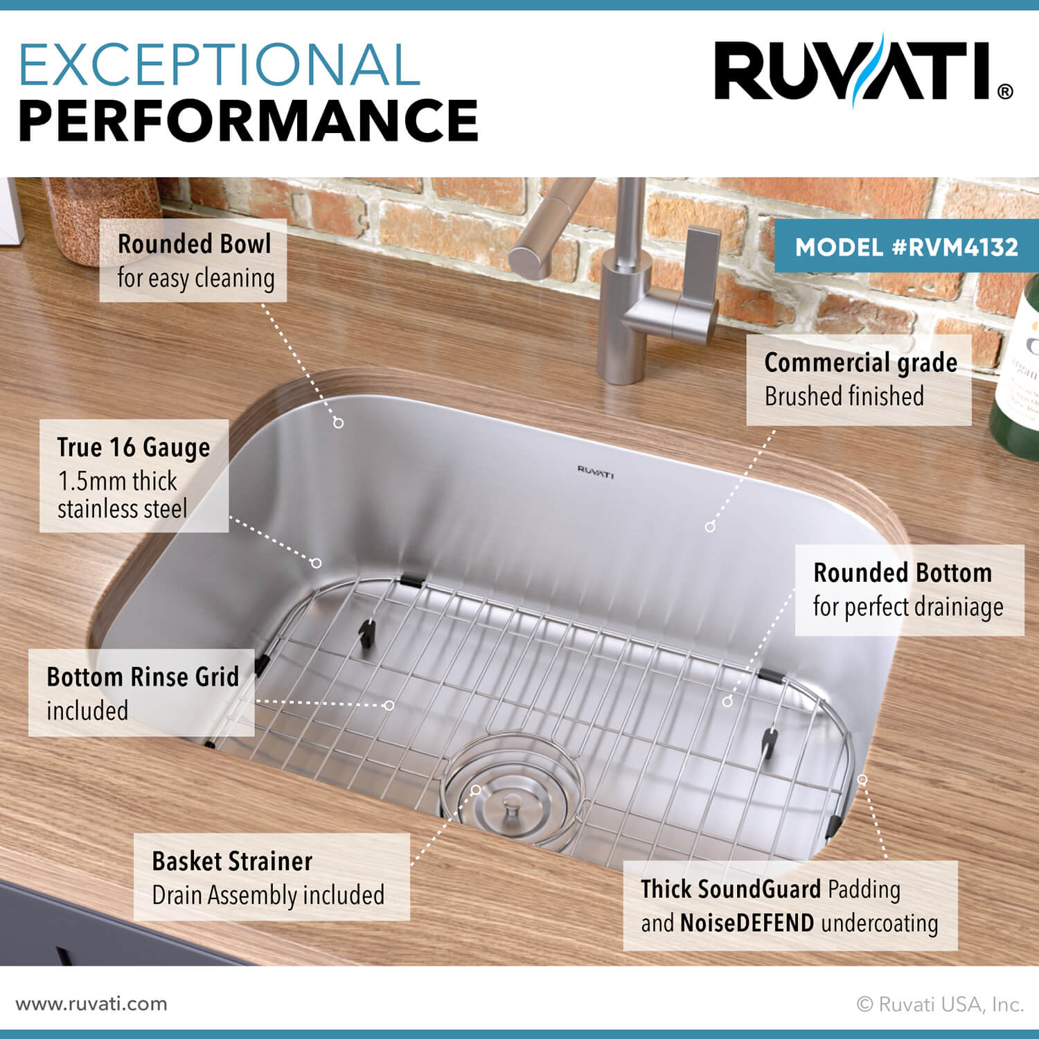 Ruvati Parmi 23" Undermount Stainless Steel Kitchen Sink, 16 Gauge, RV