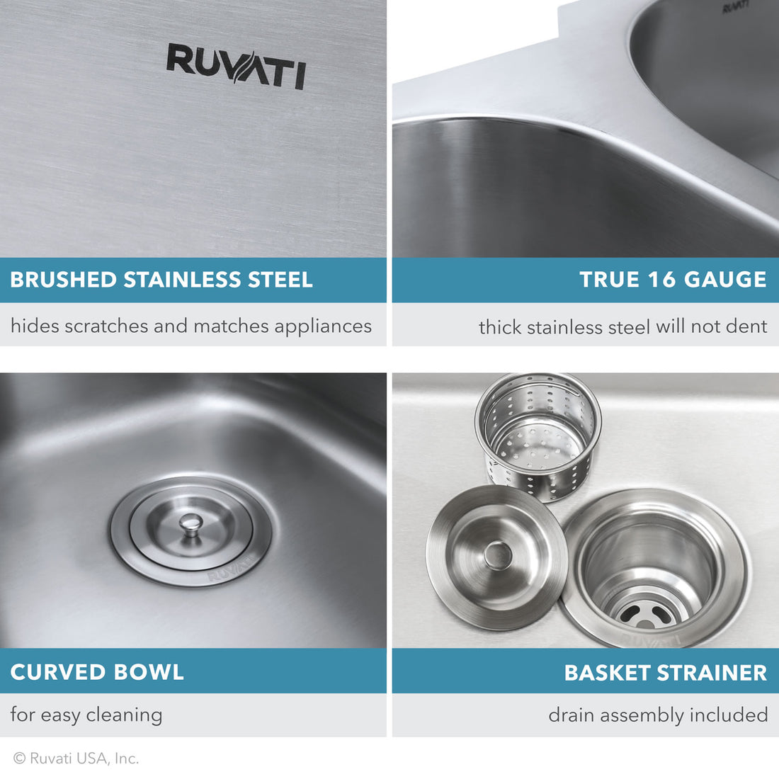 Ruvati Parmi 23" Undermount Stainless Steel Kitchen Sink, 16 Gauge, RV