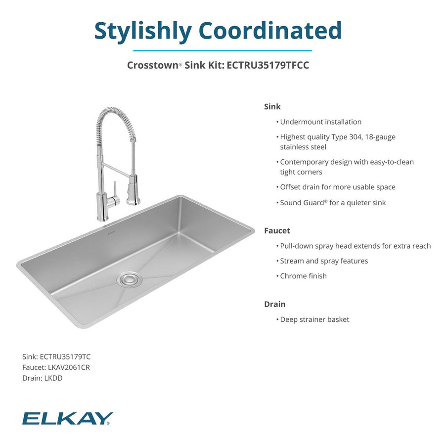 Elkay Crosstown 37" Undermount Stainless Steel Kitchen Sink with Fauce