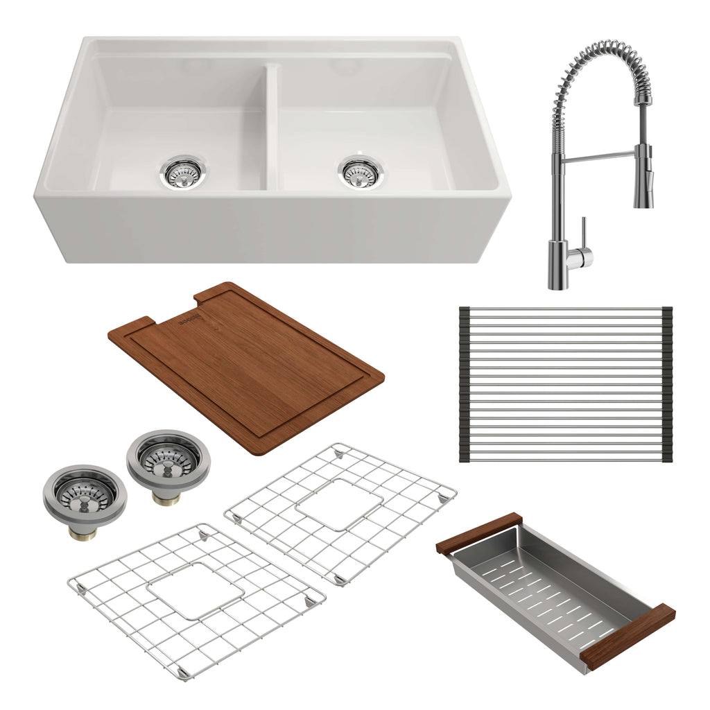 BOCCHI Contempo 36" White Fireclay Workstation Farmhouse Sink Kit with