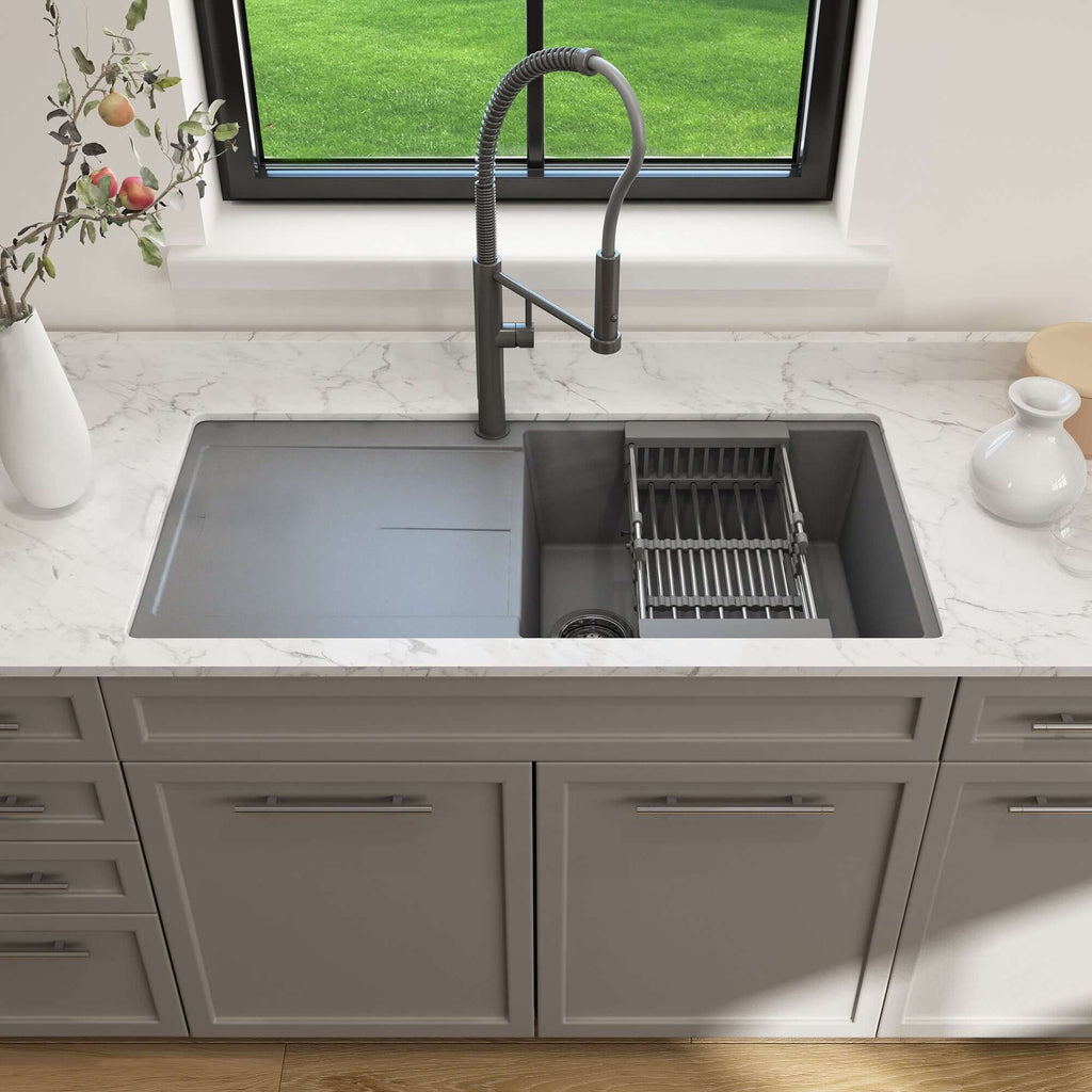 BOCCHI Levanzo 39" Dual Mount Granite Kitchen Sink Kit, Concrete Gray,