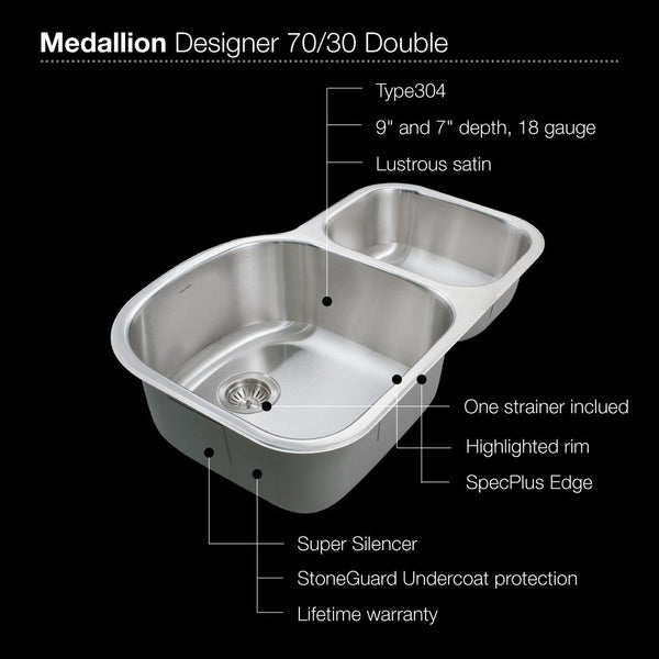 Houzer 33" Stainless Steel Undermount 70/30 Kitchen Sink, MC-3210SR-1