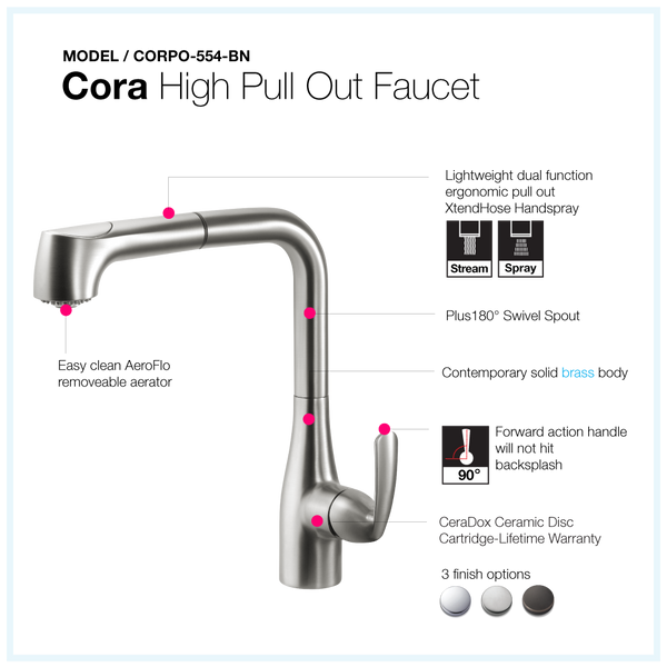 Houzer Cora Pull Out Kitchen Faucet Brushed Nickel, CORPO-554-BN