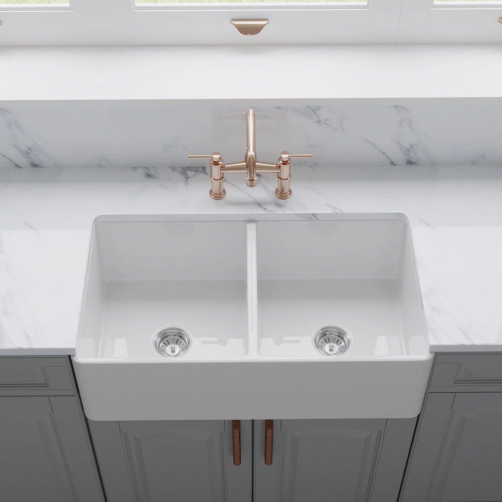 Crestwood CW-CL-332-DBL-WHITE 33" White Fireclay Farmhouse Sink 50/50 ...
