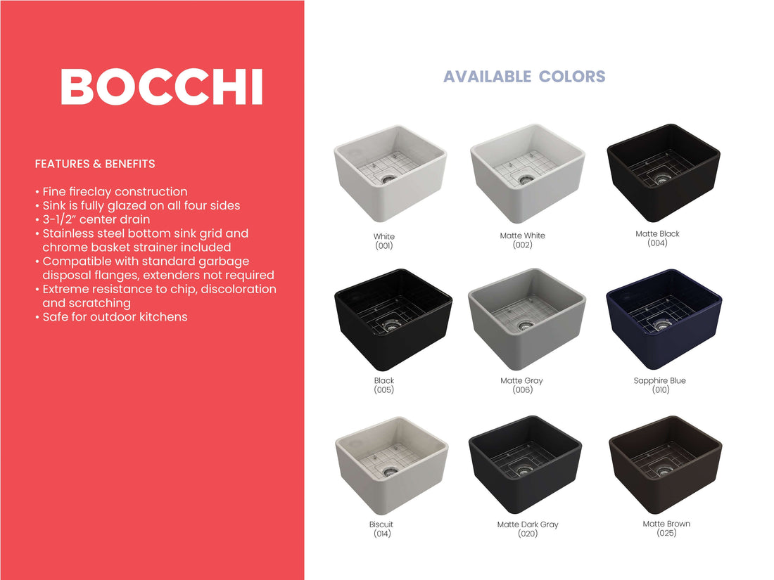 BOCCHI Classico 20" Fireclay Farmhouse Kitchen Sink, Single Bowl, Matte ...