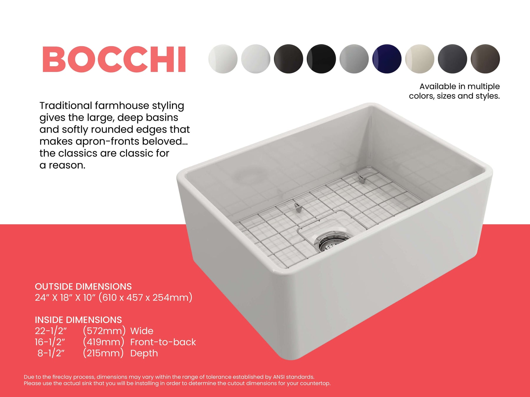 BOCCHI Classico 24" Fireclay Farmhouse Kitchen Sink, Single Bowl, White ...