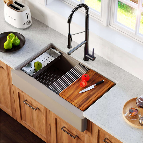 Karran 34" Quartz Composite Retrofit Workstation Farmhouse Sink with A