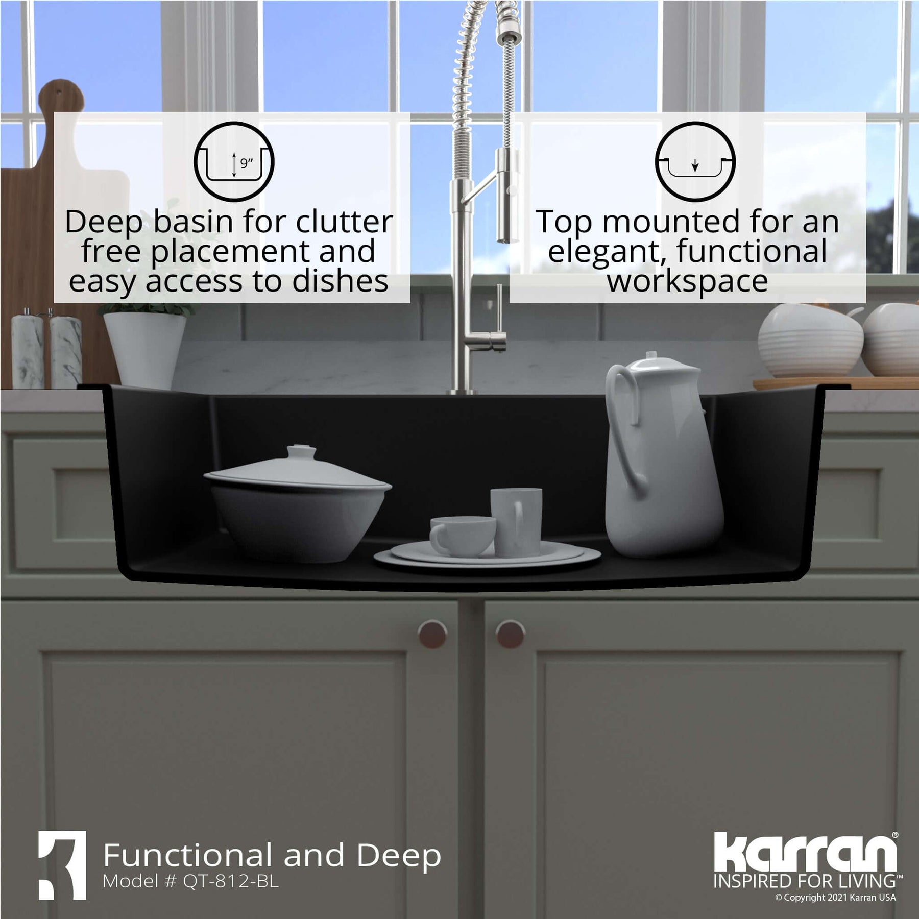 Karran 33" Drop In/Topmount Quartz Composite Kitchen Sink, Black, QT-8