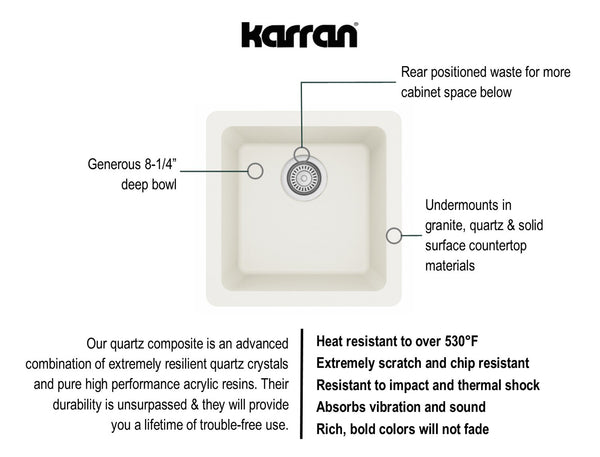 Karran 17" Undermount Quartz Composite Kitchen Sink, White, QU-690-WH ...