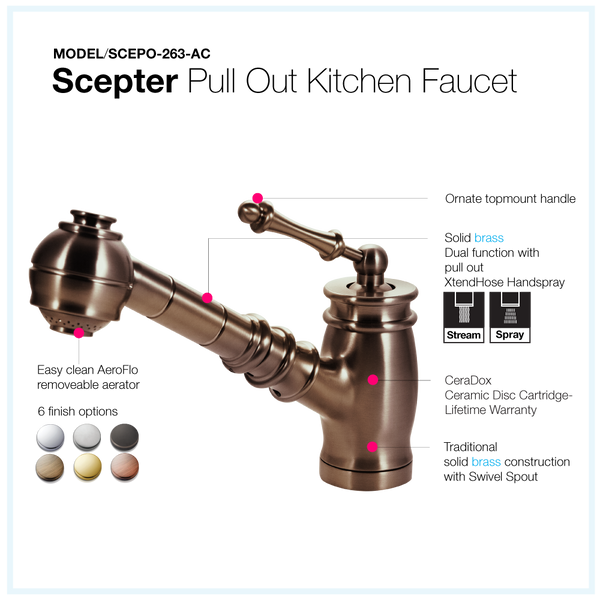 Houzer Scepter Pull Out Brass Faucet Antique Copper, SCEPO-263-AC