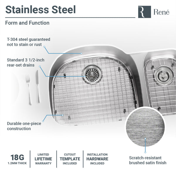 Rene 35" Stainless Steel Kitchen Sink, 70/30 Double Bowl, 18 Gauge, R1