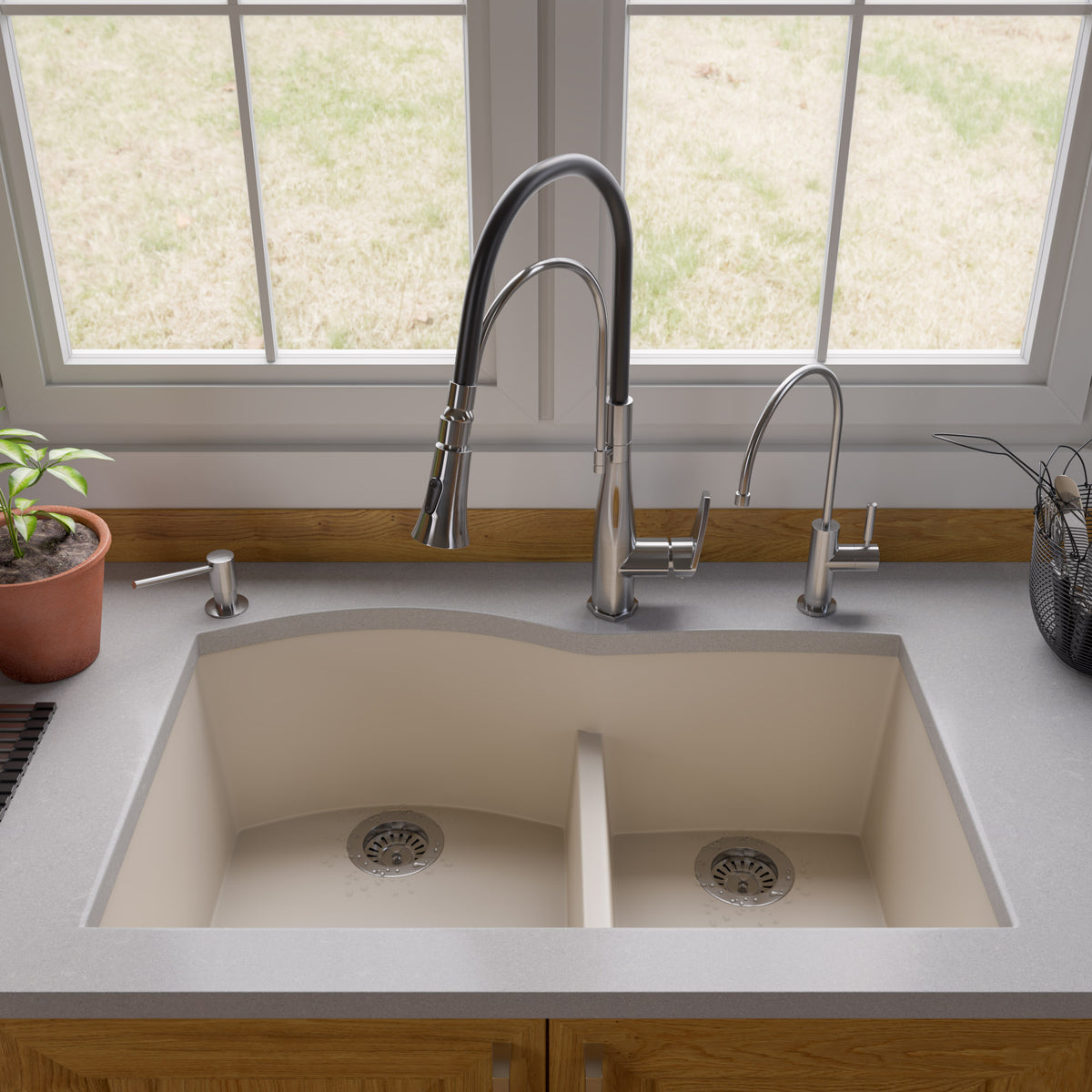 ALFI Biscuit 33" Double Bowl Undermount Granite Composite Kitchen Sink